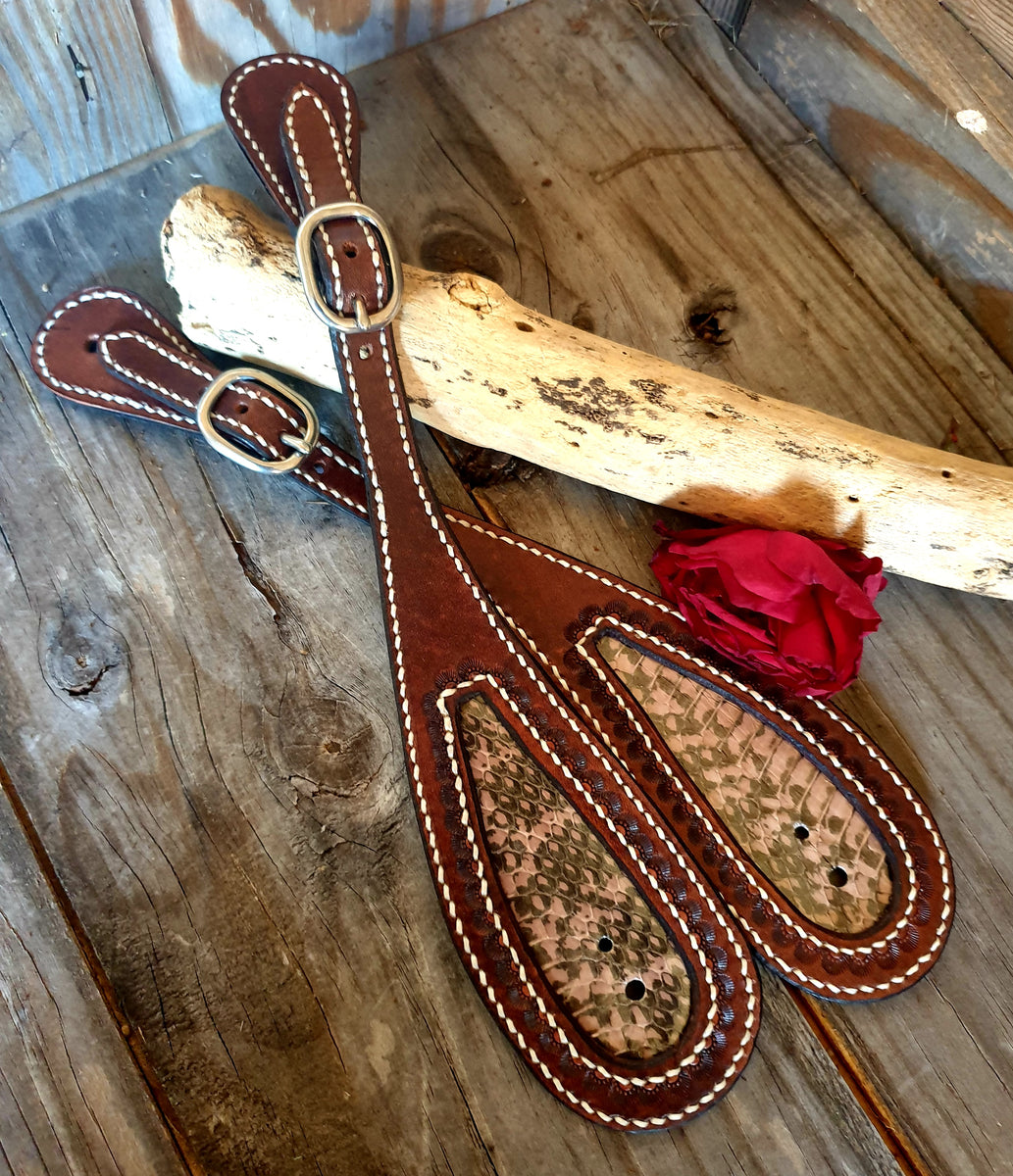 GENUINE SNAKE SKIN INLAY SPUR STRAPS – BLUE ROAN ROPES and TACK