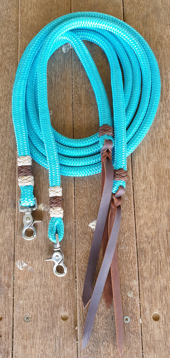 6.5 FT ROPE SPLIT REINS WITH DECORATIVE KNOTS – BLUE ROAN ROPES and TACK