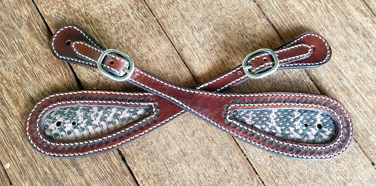 GENUINE SNAKE SKIN INLAY SPUR STRAPS – BLUE ROAN ROPES and TACK